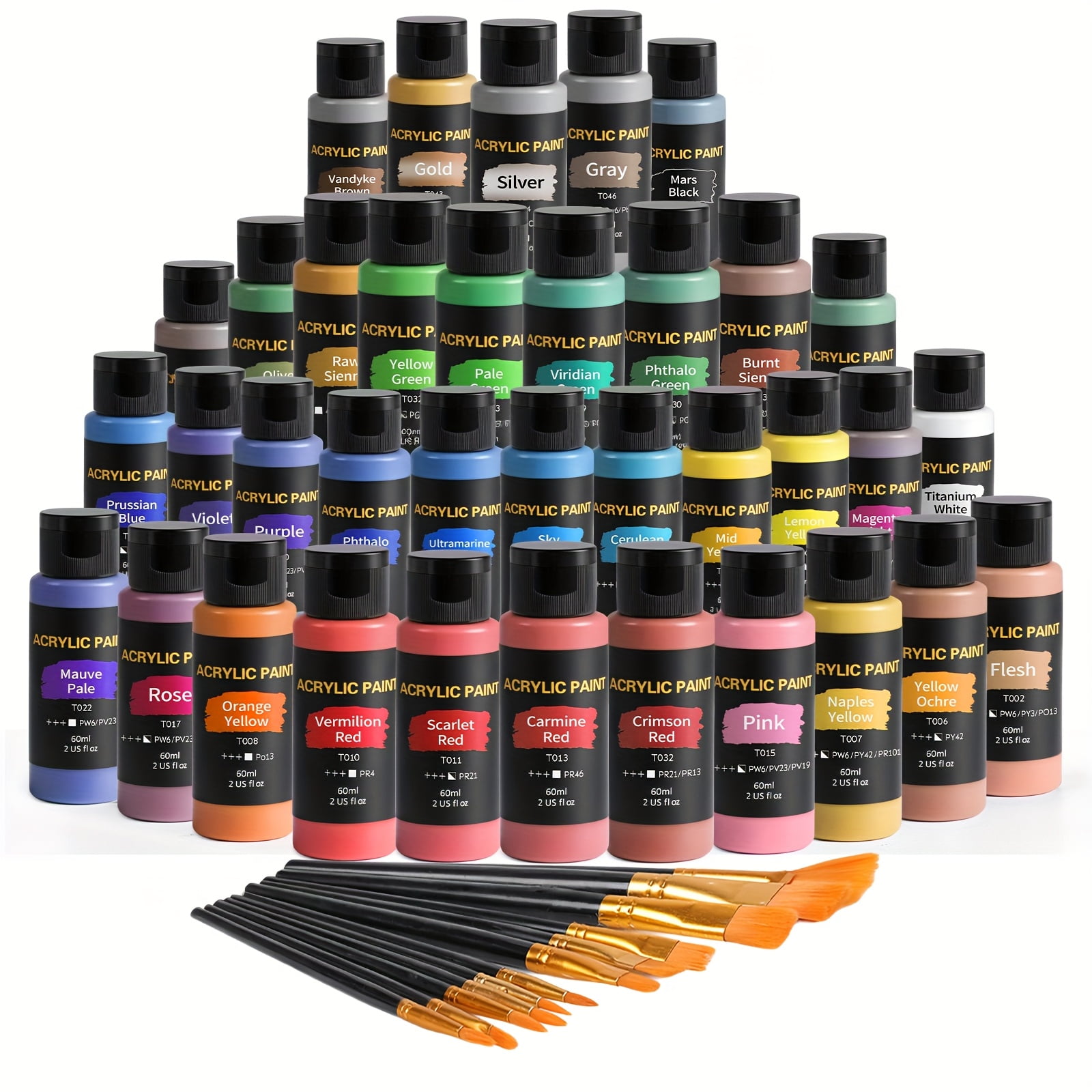 36-Color Vibrant Acrylic Paint Set (2oz) - 12 Art Brushes Lasting ...