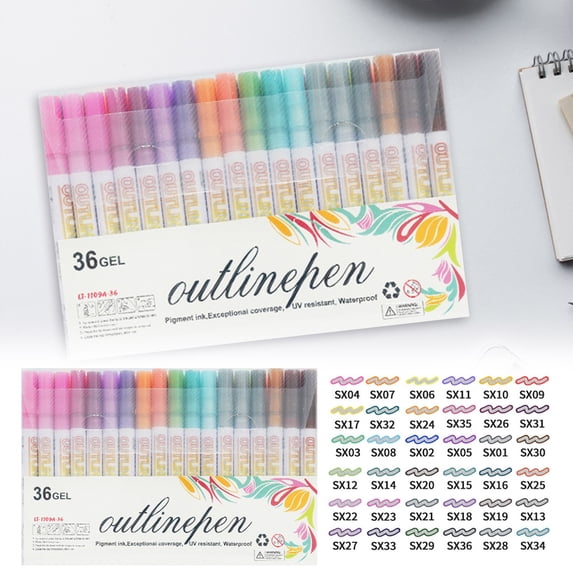 36 Colors Double Line Outline Markers, Outline Shimmer Markers, Glitter ...