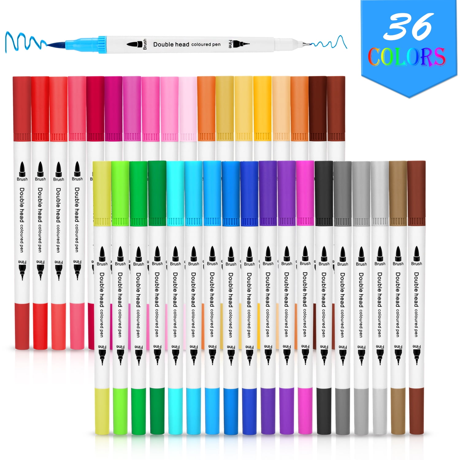 36 Colors Dual Tip Brush Pens Fineliner Marker Set Double Heads ...
