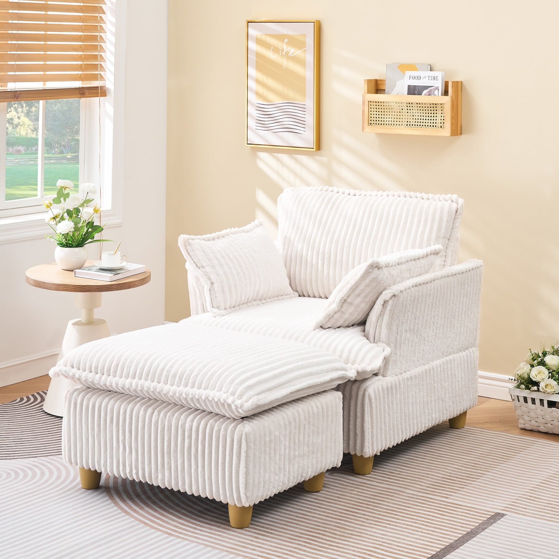 36" Compact Chaise Lounge with Movable Ottoman, Corduroy Sleeper Sofa ...