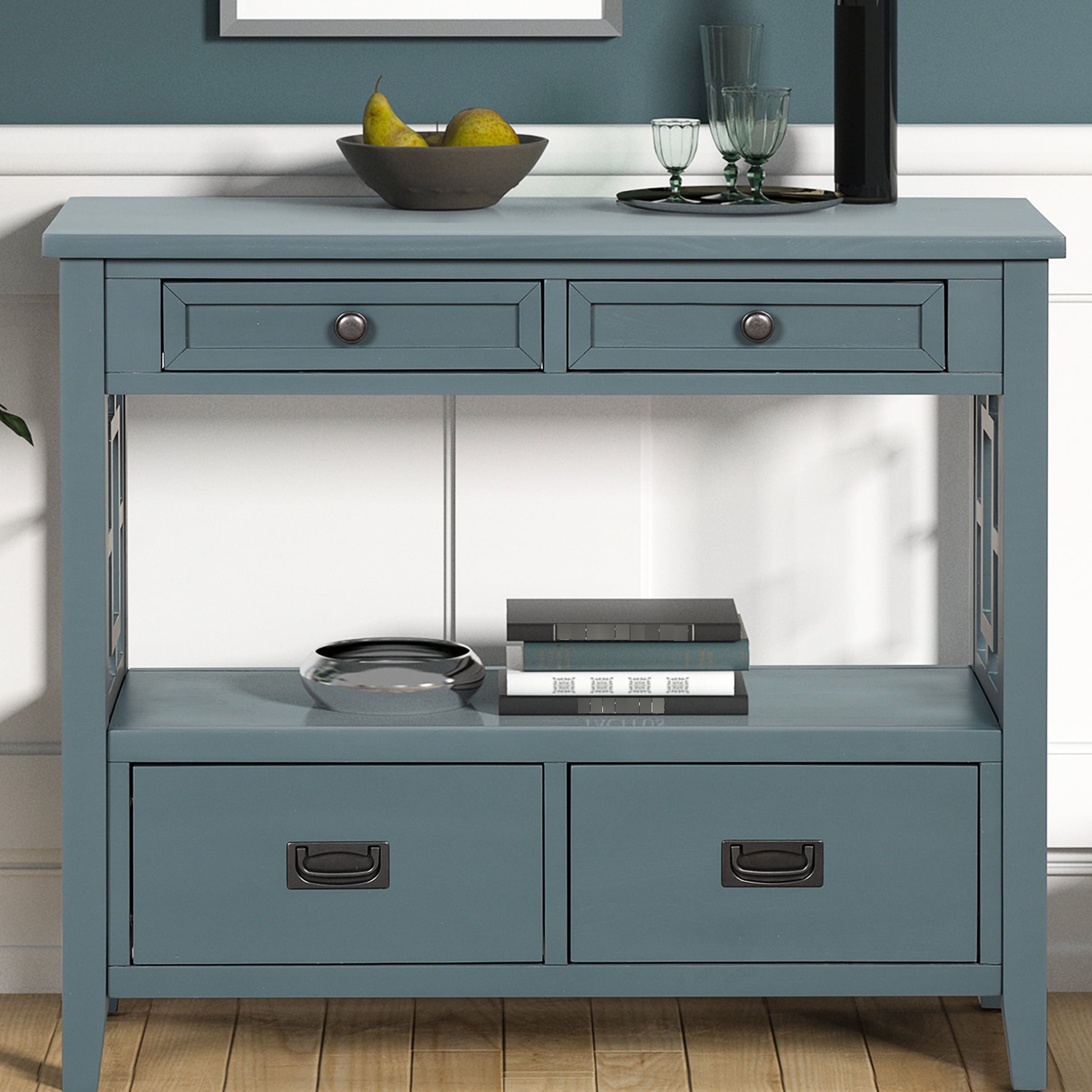 36" Console Table In Blue With 4 Drawers & Shelf For Hallway ...