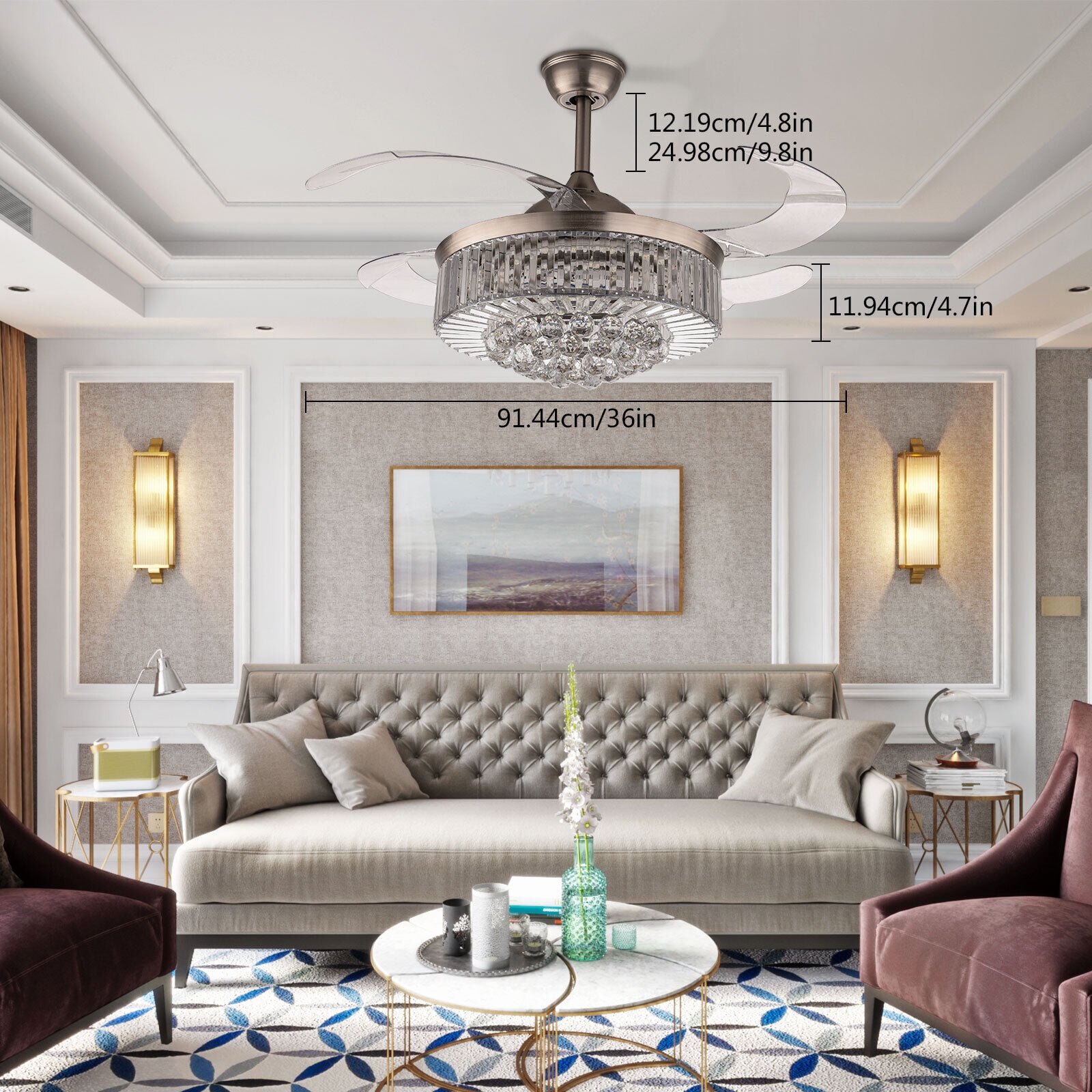 36" Crystal Chandelier Ceiling Fan with Retractable Blades, Remote ...