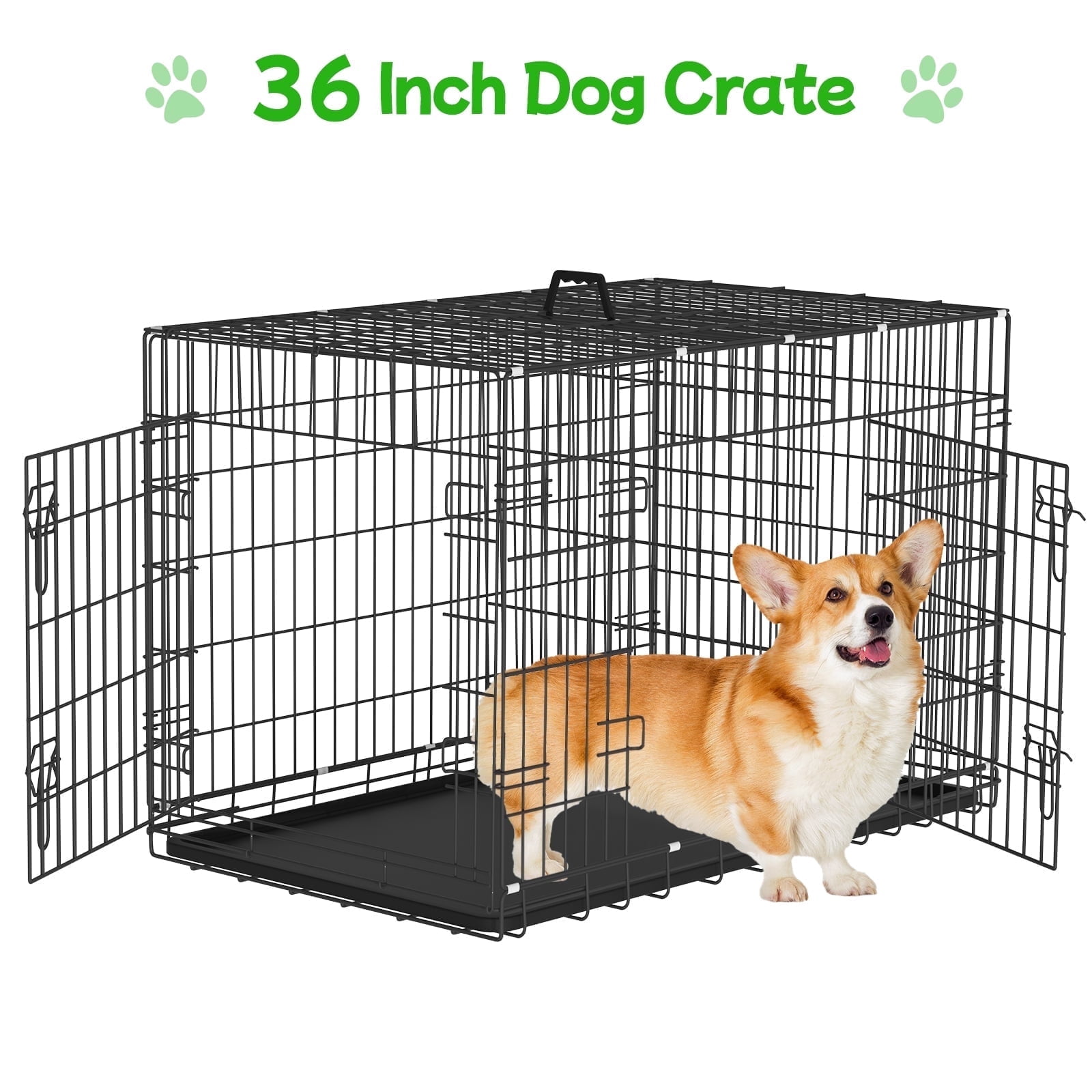 36" Dog Crate Dog Cage Folding Dog Kennel Metal Wire Crates Tray&Two ...