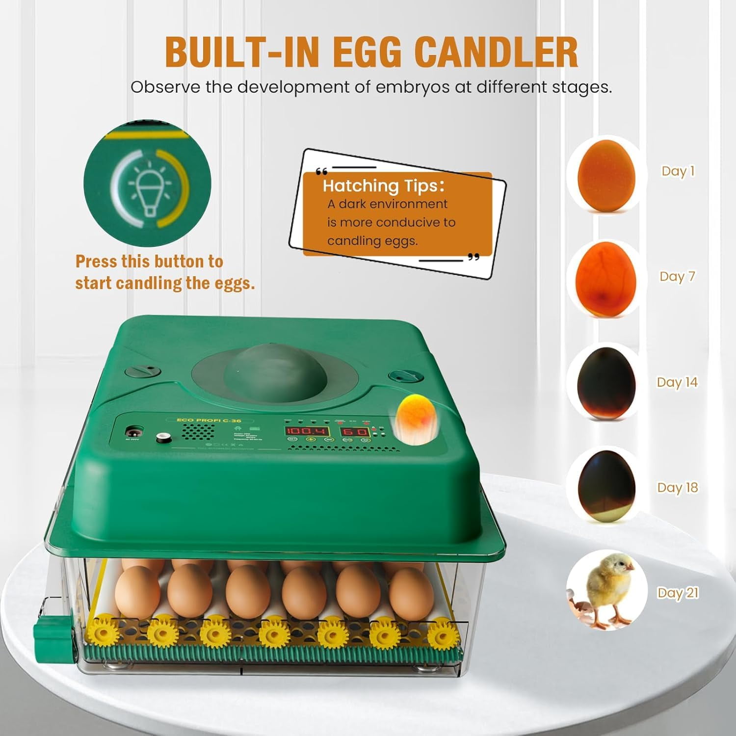 36-Egg Automatic Incubator with Humidity Monitor, Egg Candler & Alarms ...