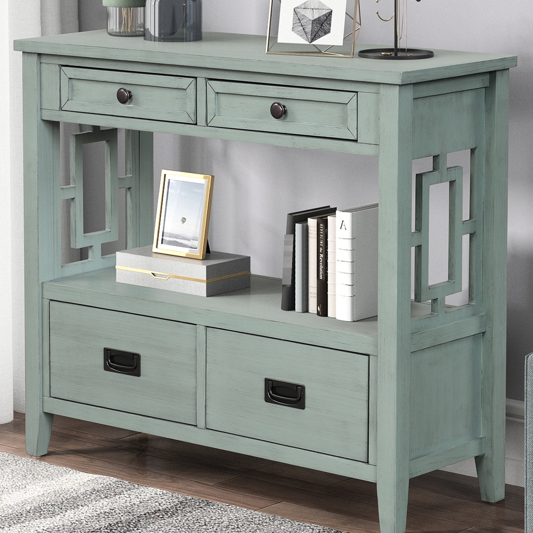 36.02 - inch Pine Entry Table - Four Drawers for File Storage - Living ...