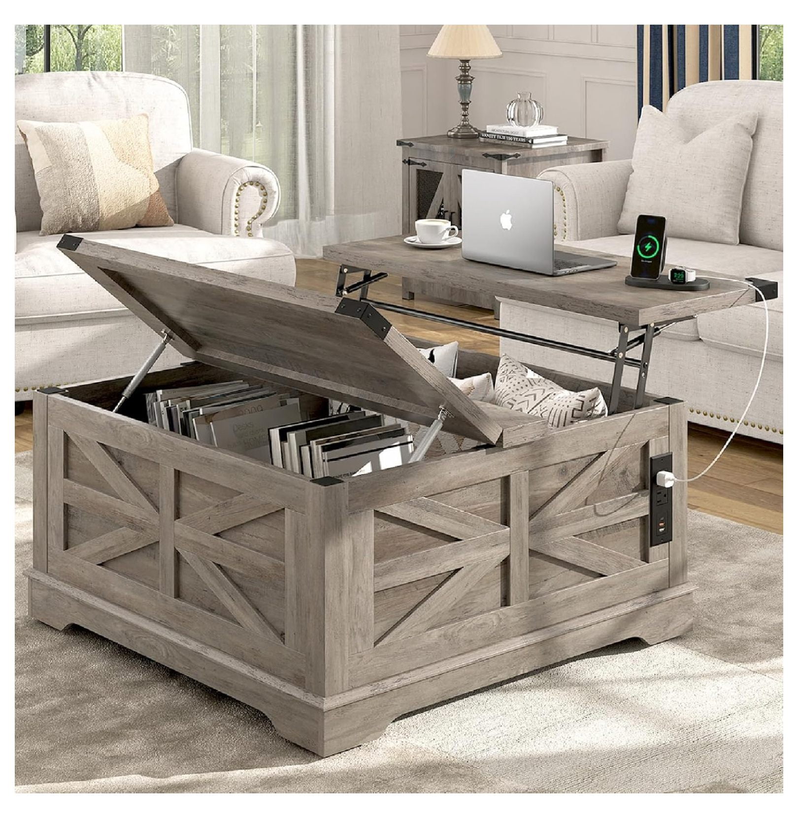 36" Farmhouse Movable Lift Top Coffee Table with Storage and Power ...