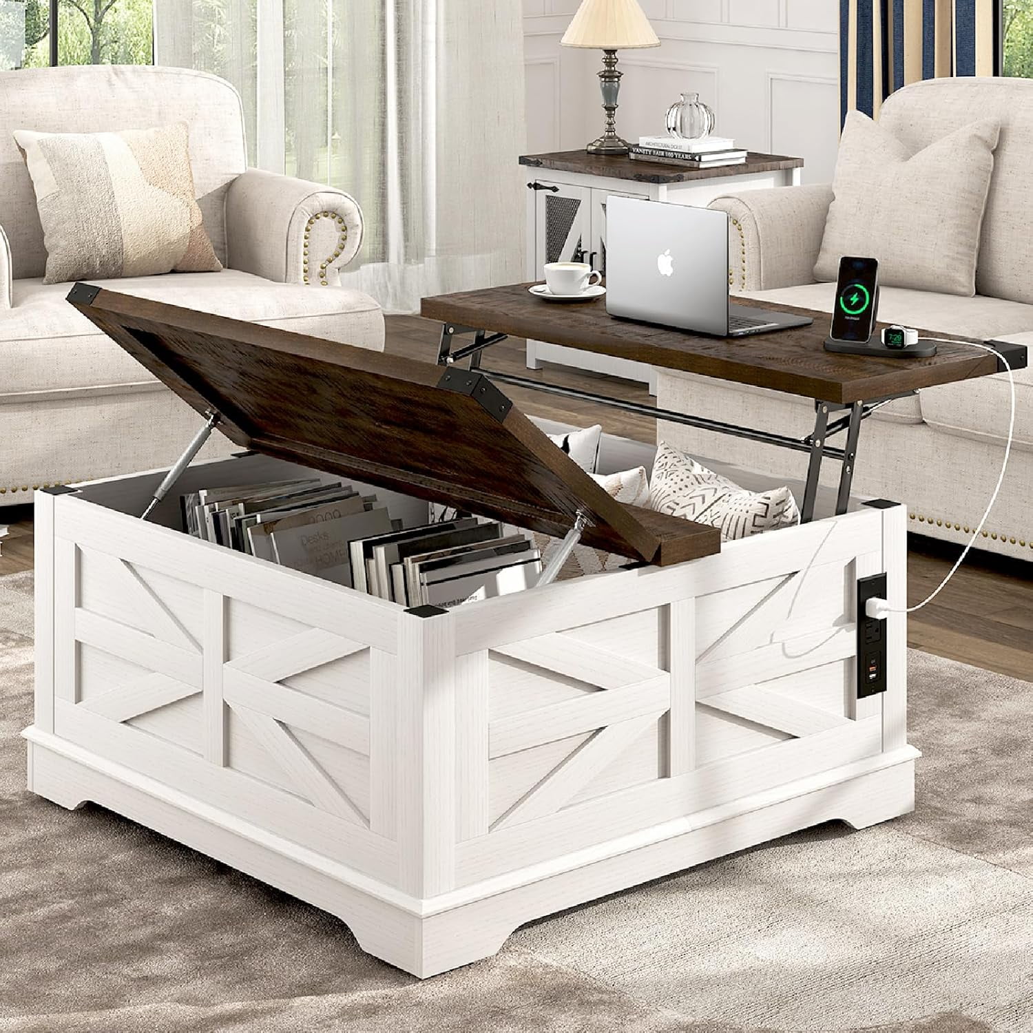 36" Farmhouse Movable Lift Top Coffee Table with Storage and Power ...