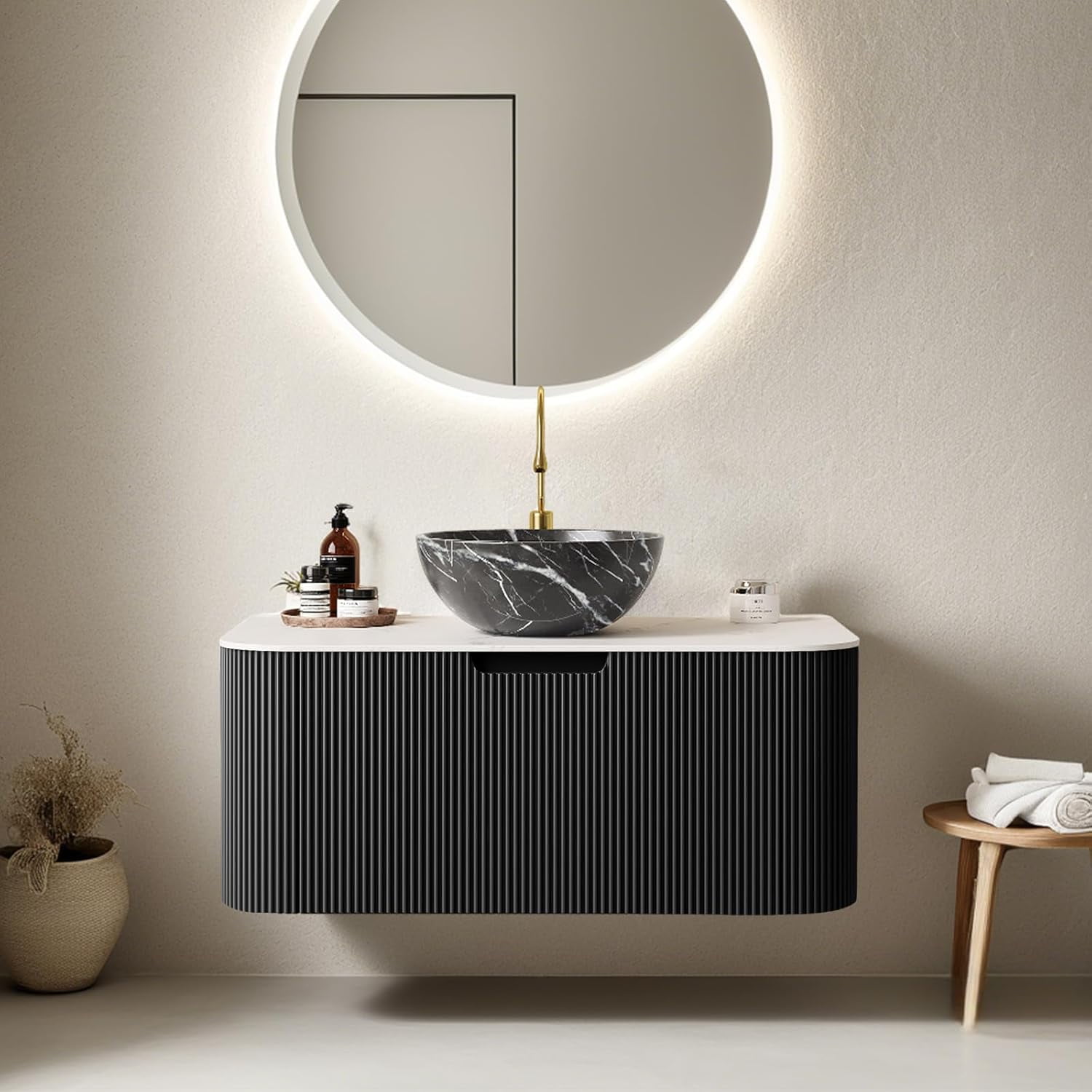 36" Floating Bathroom Vanity with Sink, Modern Bathroom Cabinet with Ultra-Thin Ceramic Basin ...