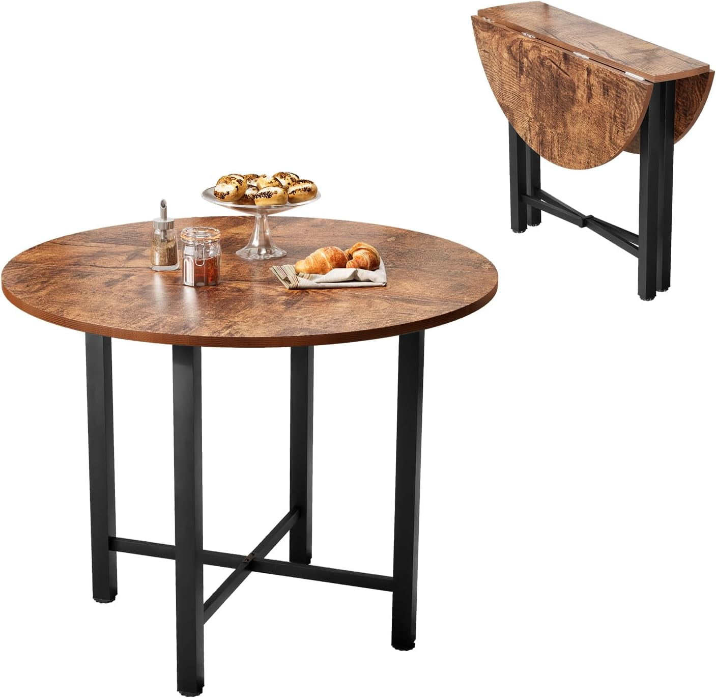 36” Folding Dining Table, Round Drop Leaf Wooden Kitchen Table, Mid ...