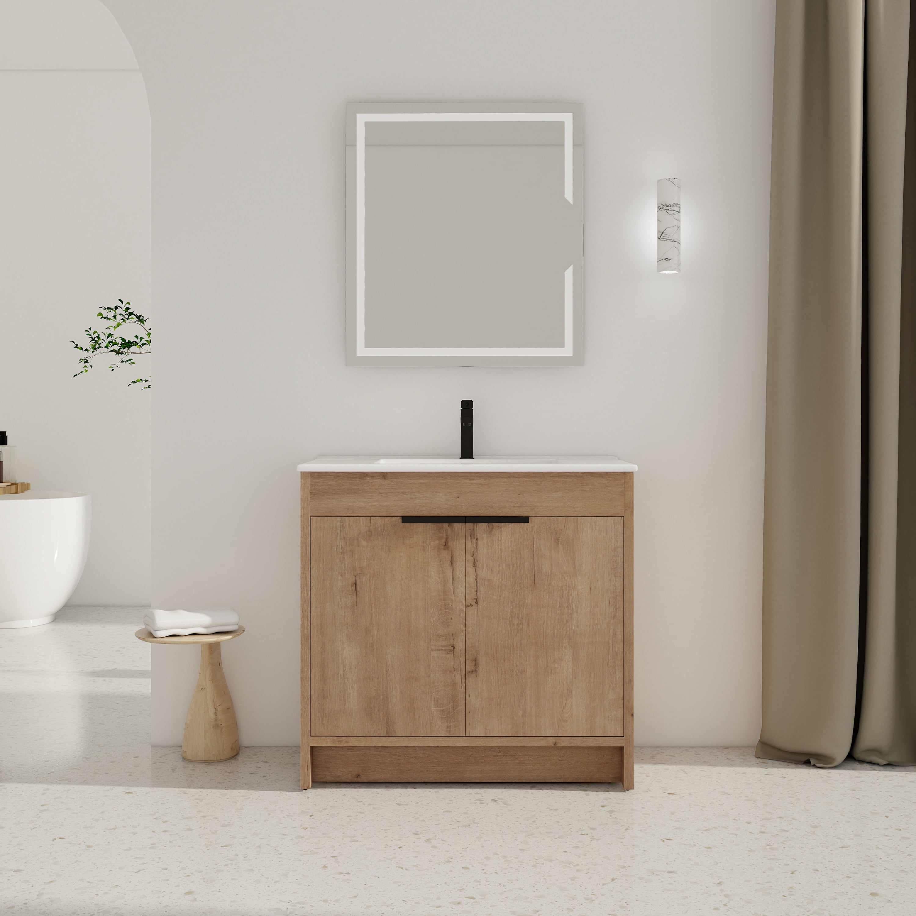 36" Freestanding Bathroom Vanity with White Ceramic Sink & 2 Soft-Close ...