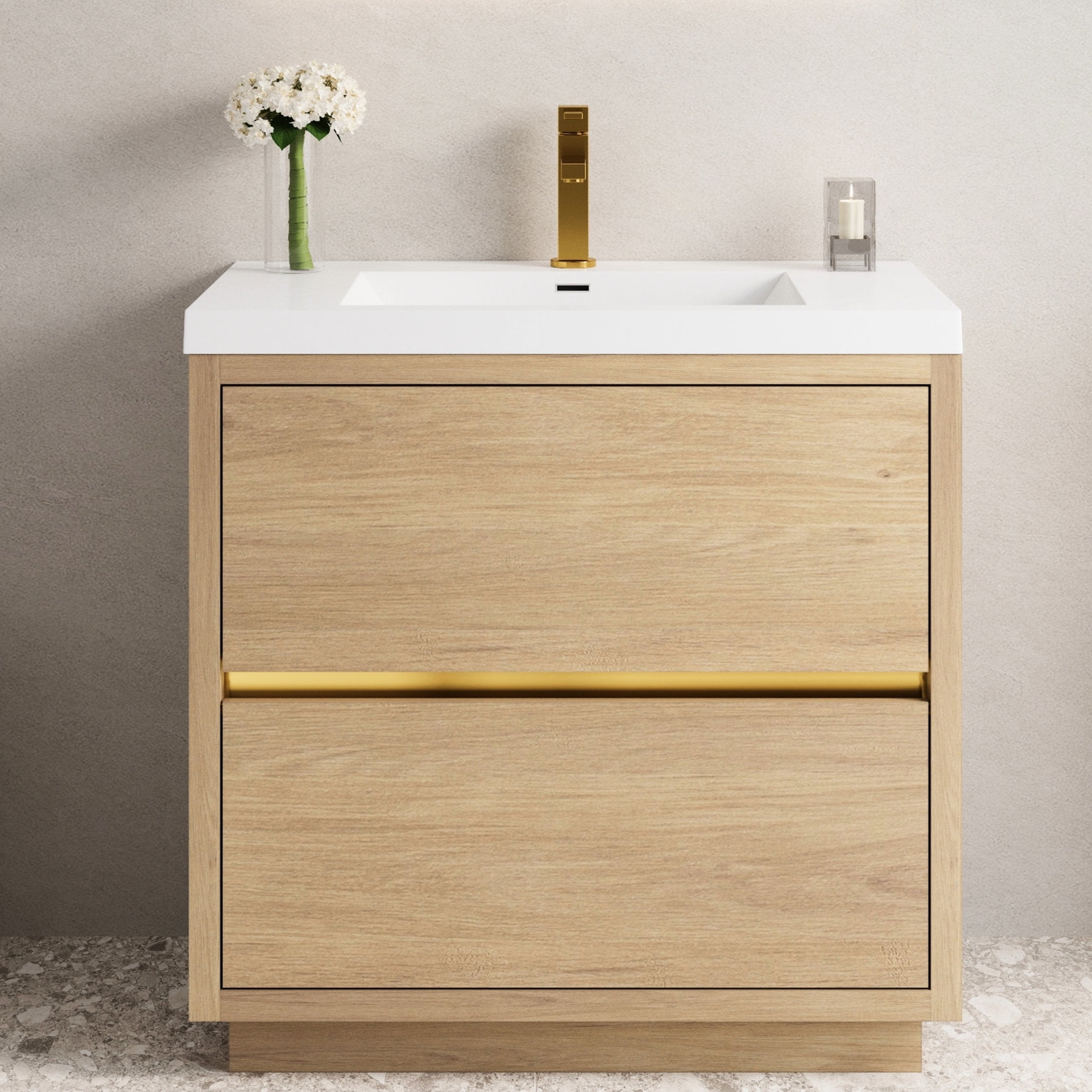 36" Freestanding Vanity, Natural Oak Finish, Water - Resistant ...