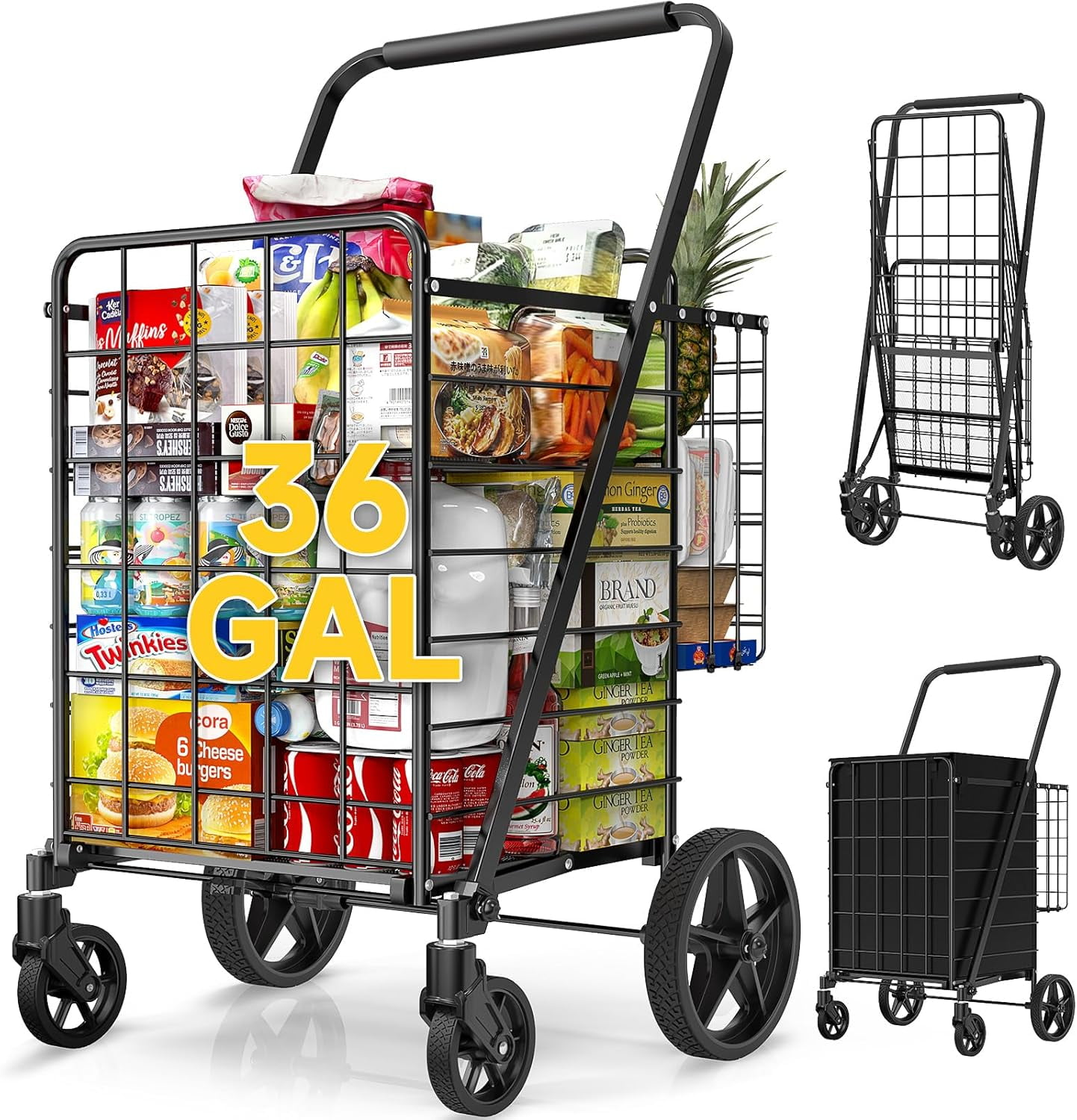 36 GAL Shopping Cart for Groceries - Grocery Cart on 360° Swivel Big Strong Wheels, 350 Lbs ...