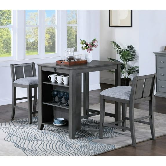 36" Gray Dining Table Set with 2 Chairs and Shelves | Breakfast-Style ...
