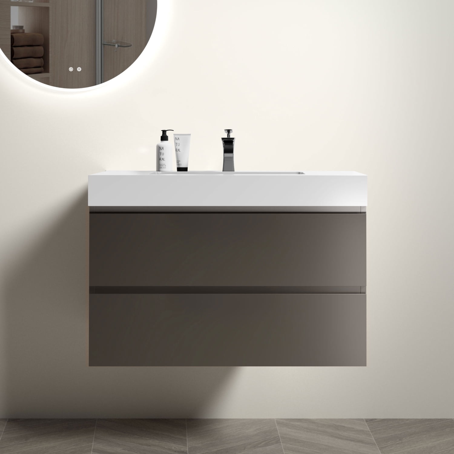36” Gray Floating Vanity White One-Piece Sink Wall-Mounted Modern ...