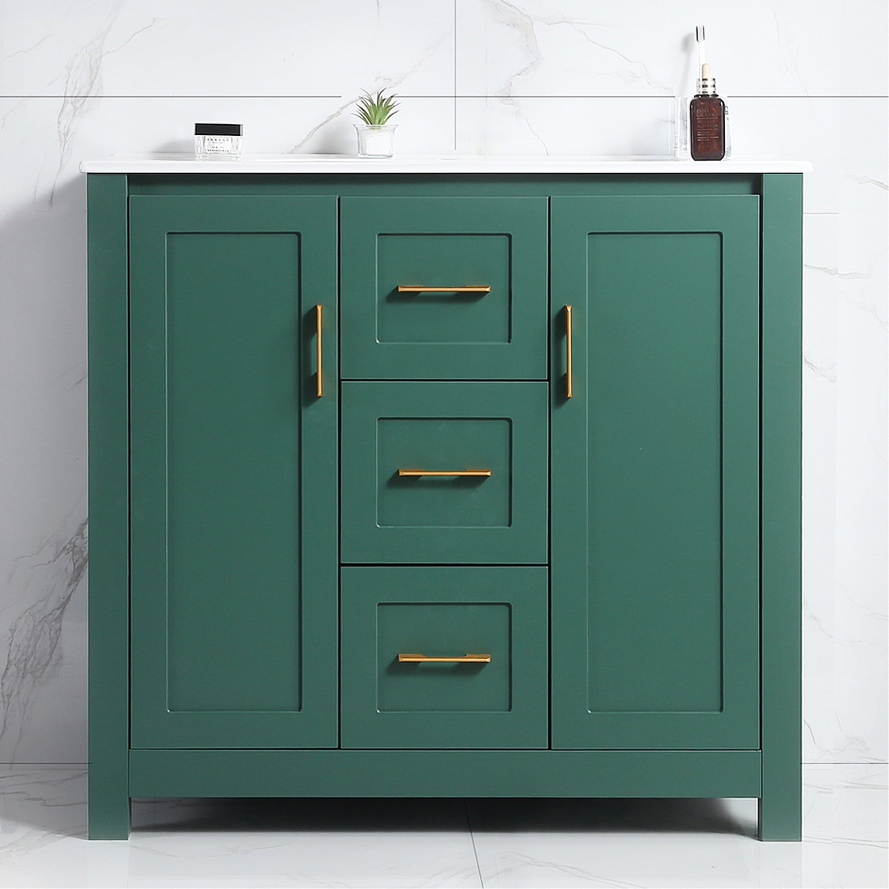 36" Green, Solid Wood Frame - Ceramic Basin for Easy Cleaning ...