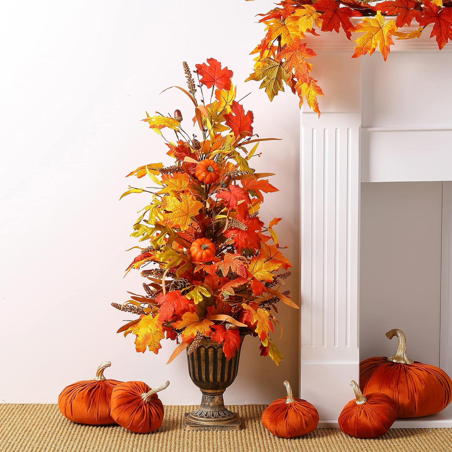 36”H Fall Lighted Maple Leaves Tree, Artificial Urn Potted Porch Tree ...