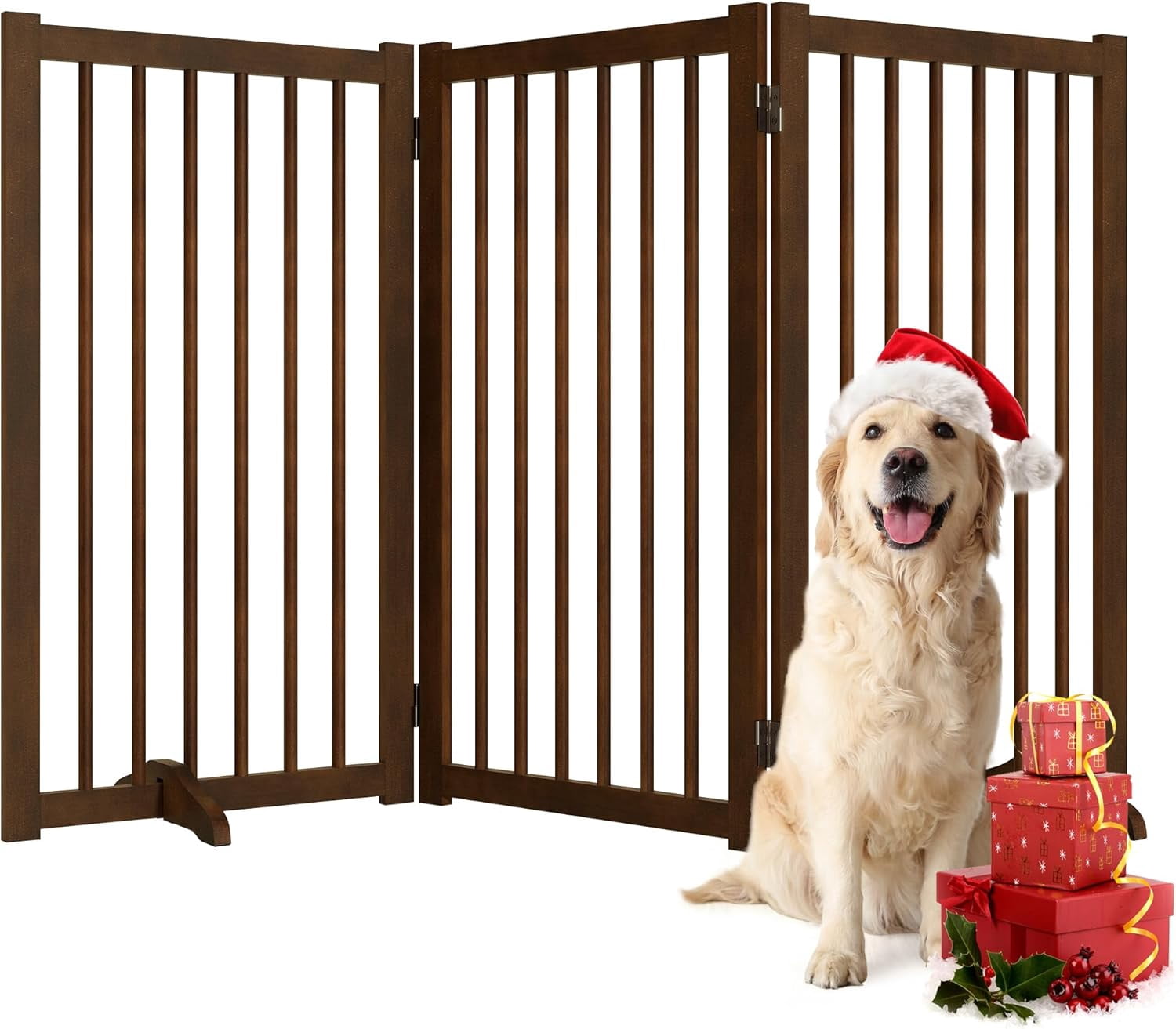 36" H Freestanding Pet Gate, Solid Wood Foldable Dog Gate with Support ...