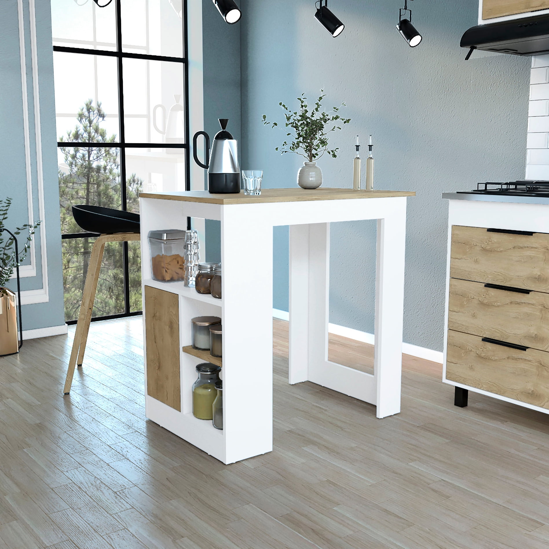 36" H Kitchen Island, Made Up Of Three Open Side Storage Shelves And One Push-open Cabinet In ...