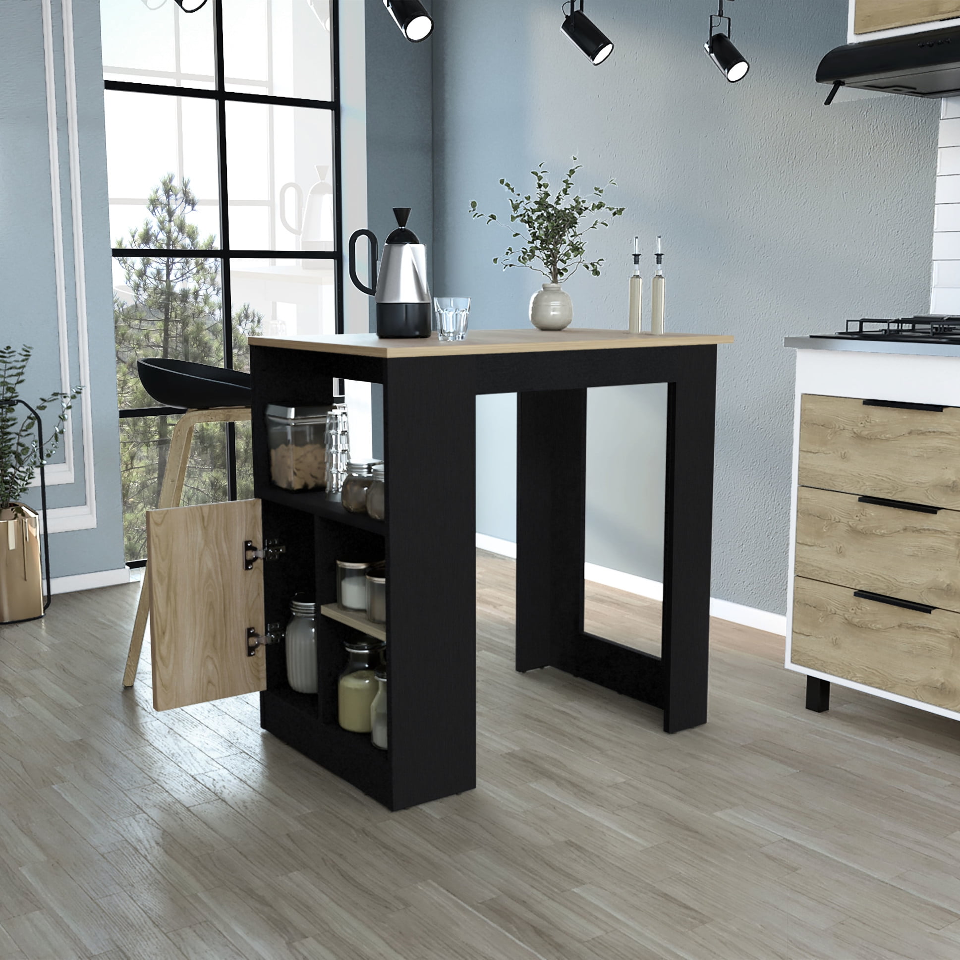 36" H Kitchen Island With 3 Open Side Storage Shelves & 1 Cabinet In ...