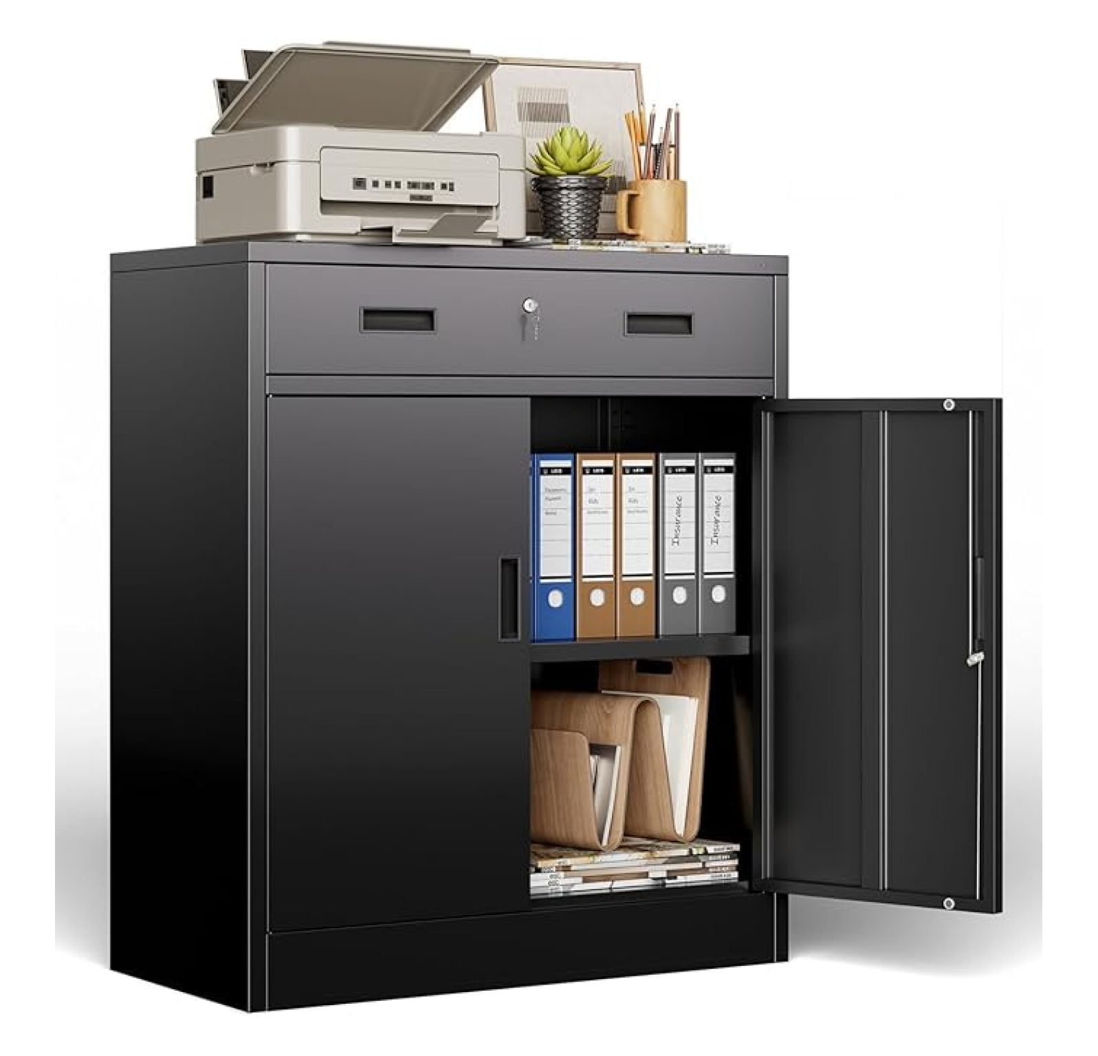 36" H Metal Cabinet with Lockable Drawer and 2 Lockable Doors, Black ...