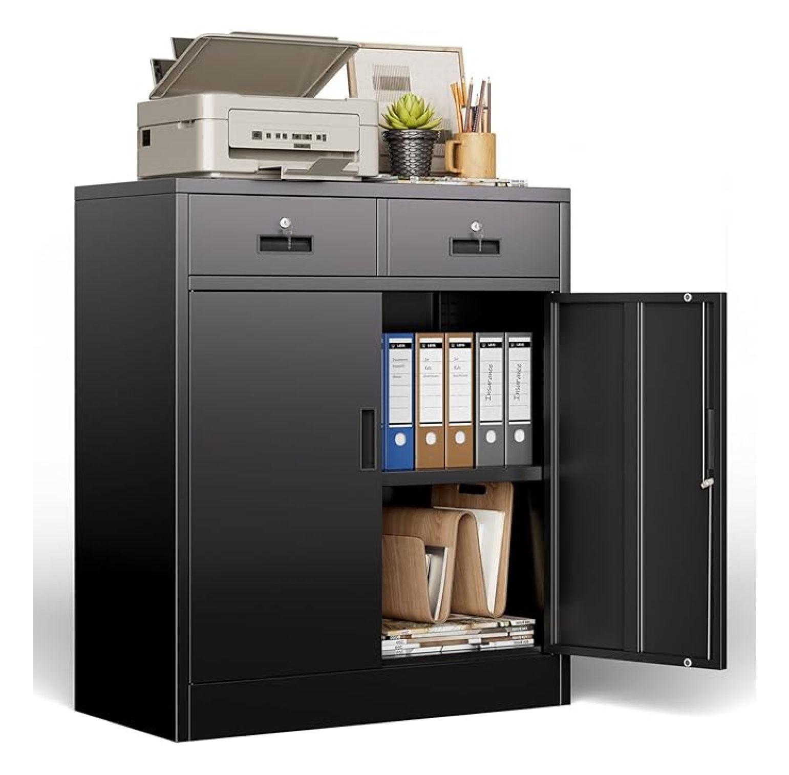 36" H Metal Storage Cabinet with 2 Lockable Drawers and 2 Lockable ...