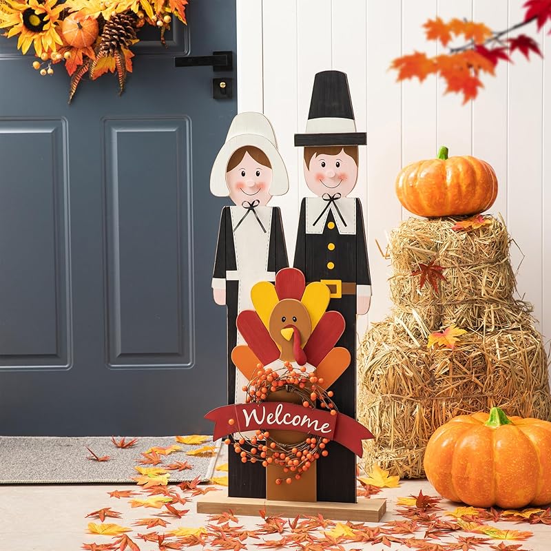 36''H Thanksgiving Pilgrim Couple with Turkey Porch Sign, Farmhouse ...