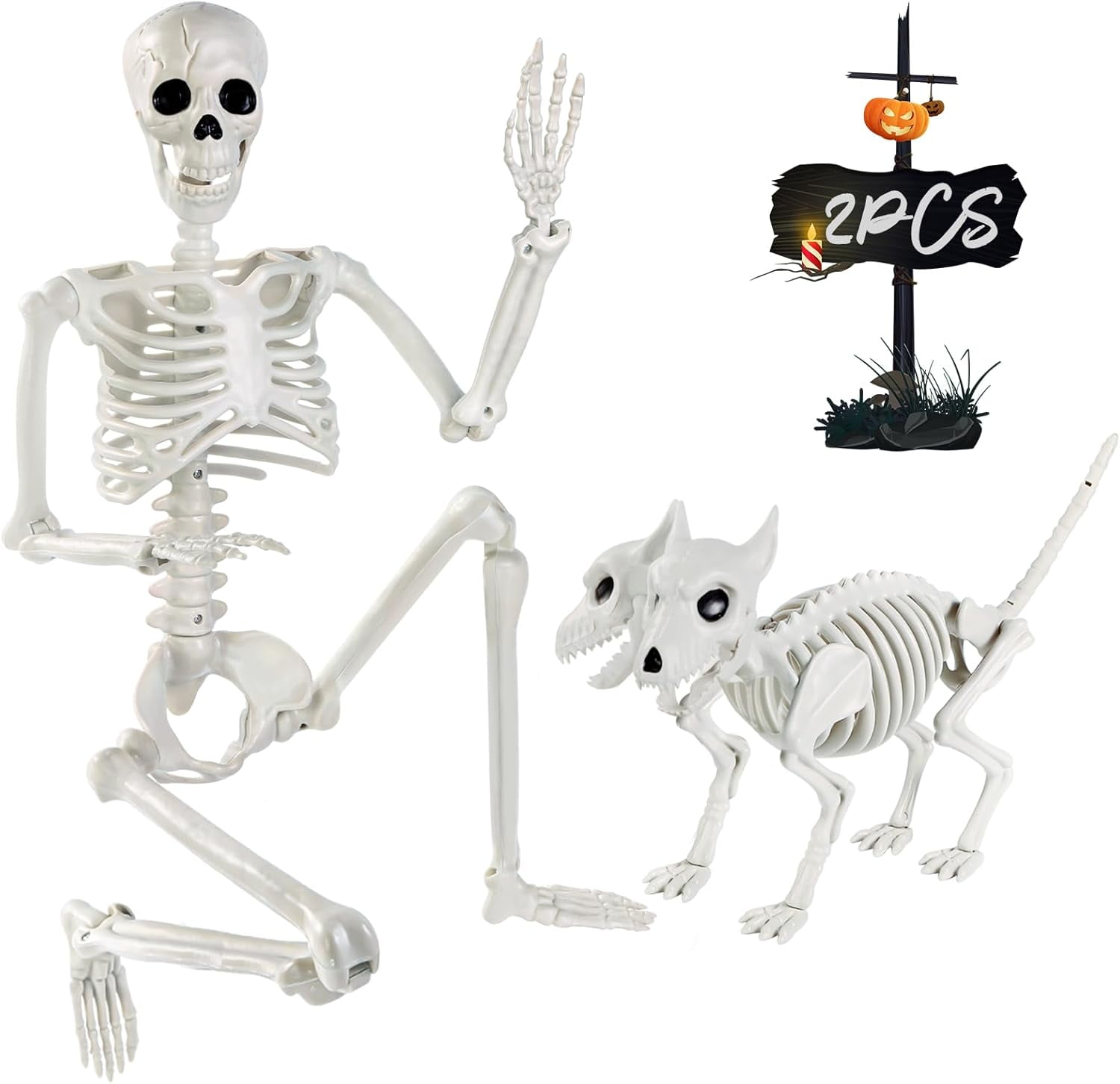 36'' Halloween Skeleton Decoration with 2Head Dog Skeleton, Full Body ...