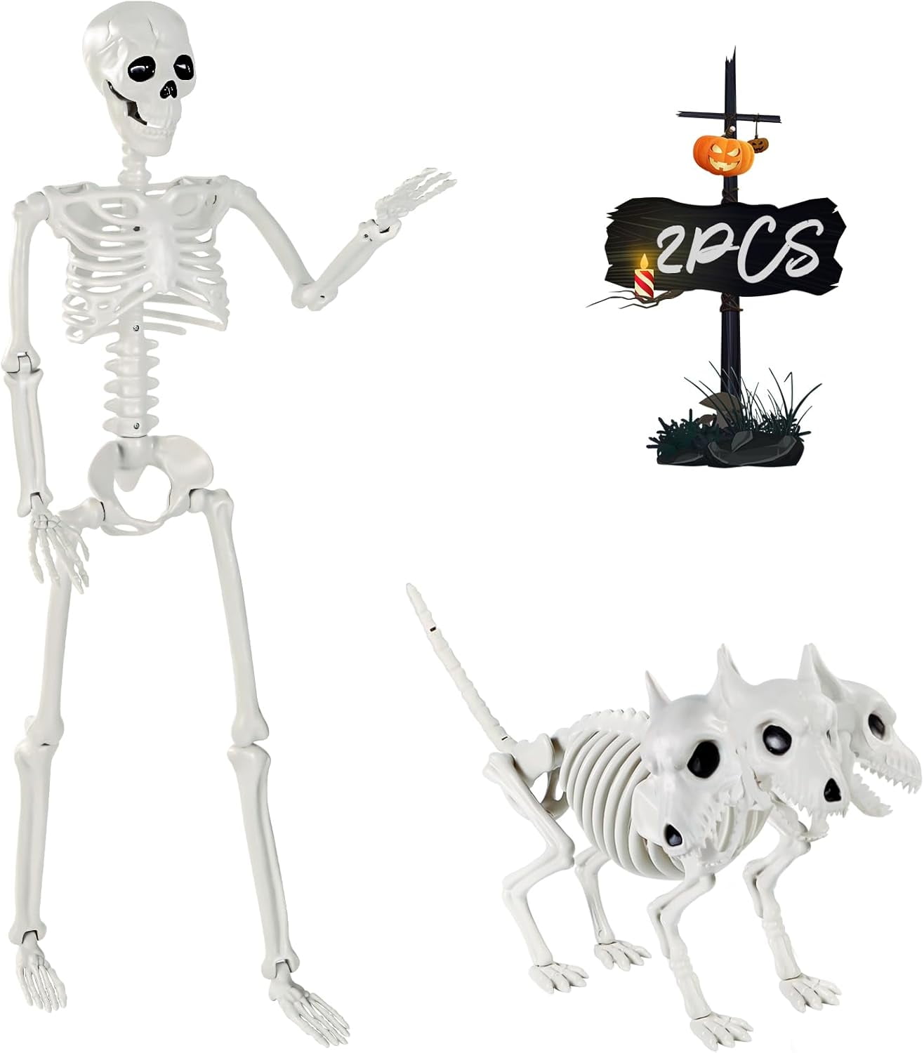 36'' Halloween Skeleton Decoration with 3Head Dog Skeleton,Full Body ...