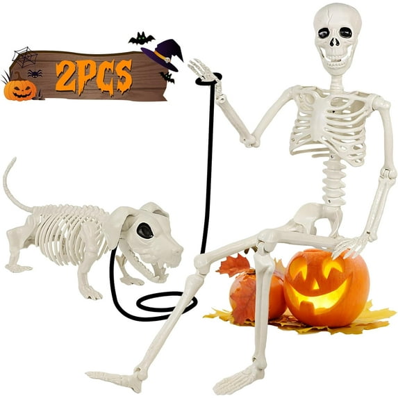 36'' Halloween Skeleton Decoration with Dog Skeleton, 3FT Posable ...