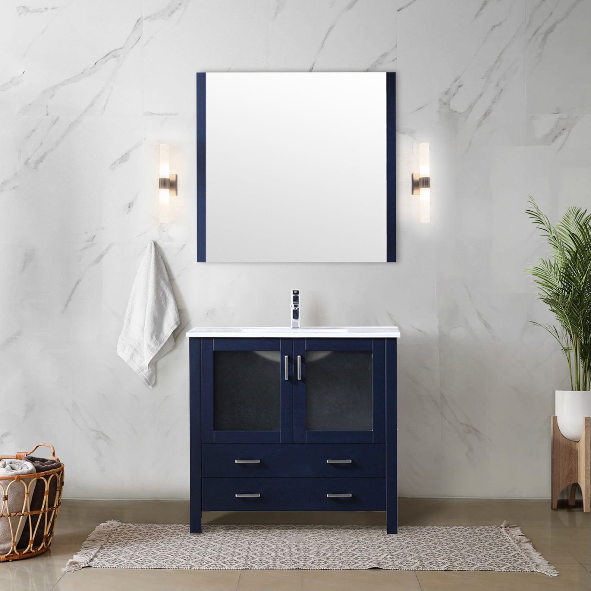 36 In. W Navy Blue Bath Vanity, White Ceramic Top, Faucet, 34 Mirror ...