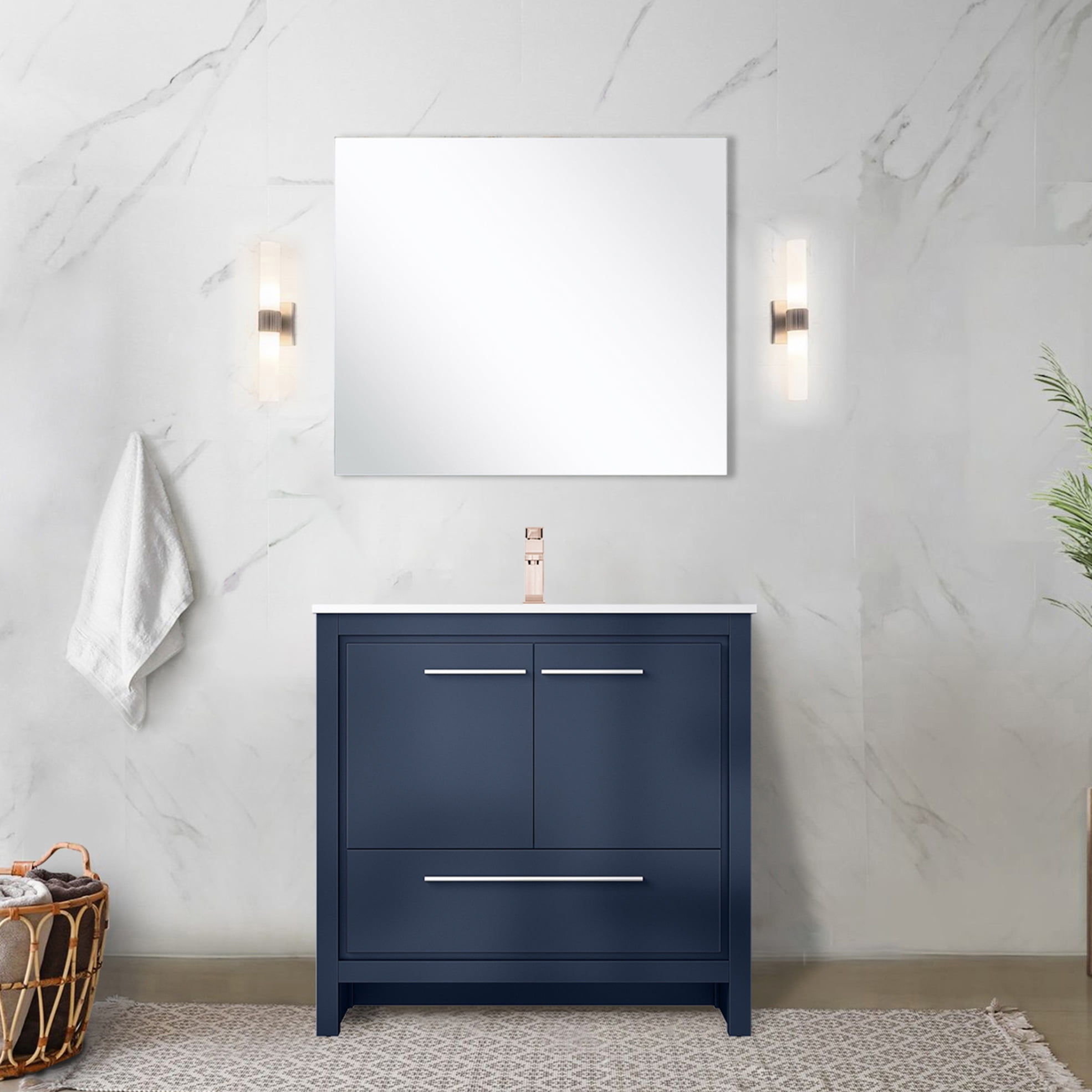 36 In. Wide X 20 Deep Navy Blue Bath Vanity, White Quartz Surface, Rose ...