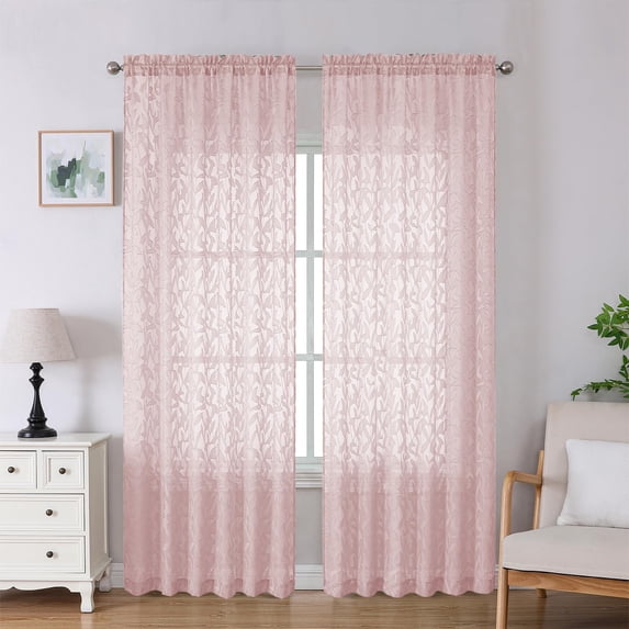36 Inch Charcoal Grey Sheer Curtains 2 Panels Textured Jacquard Leaf ...
