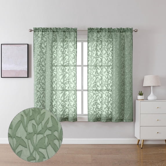 36 Inch Charcoal Grey Sheer Curtains 2 Panels Textured Jacquard Leaf ...