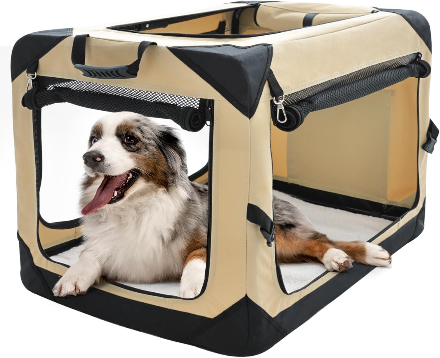 36 Inch Collapsible Dog Crate for Large Dogs, 4-Door Foldable Soft Dog ...
