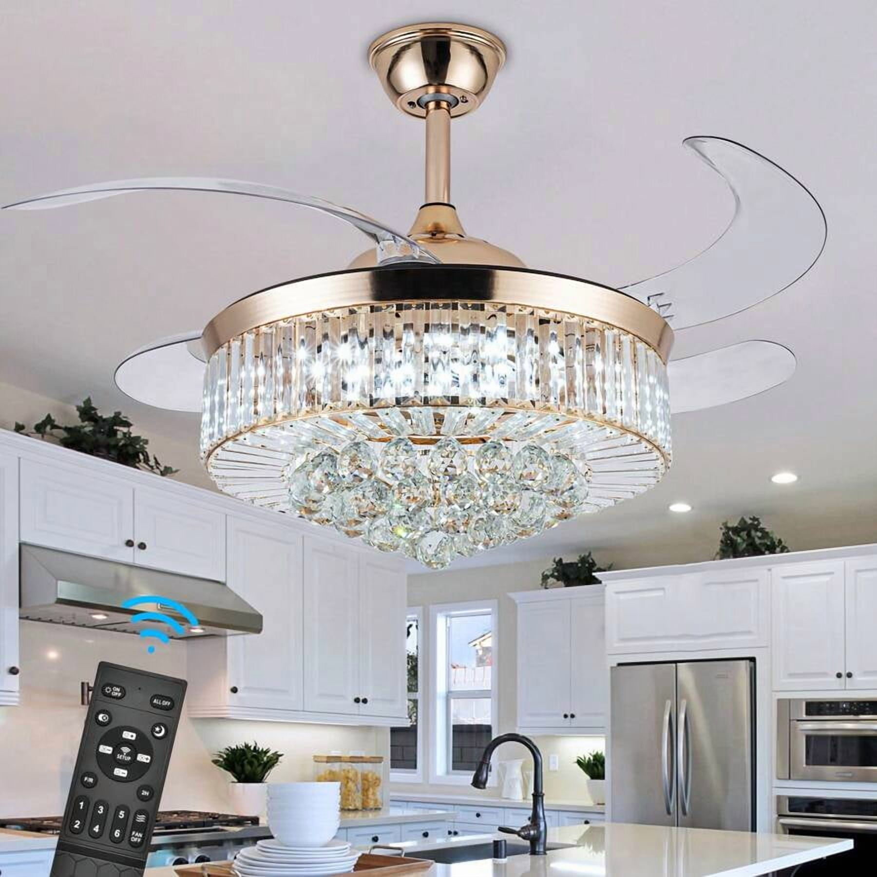 36 Inch Crystal Ceiling Fans With Lights, Modern Dimmable Fandelier LED ...