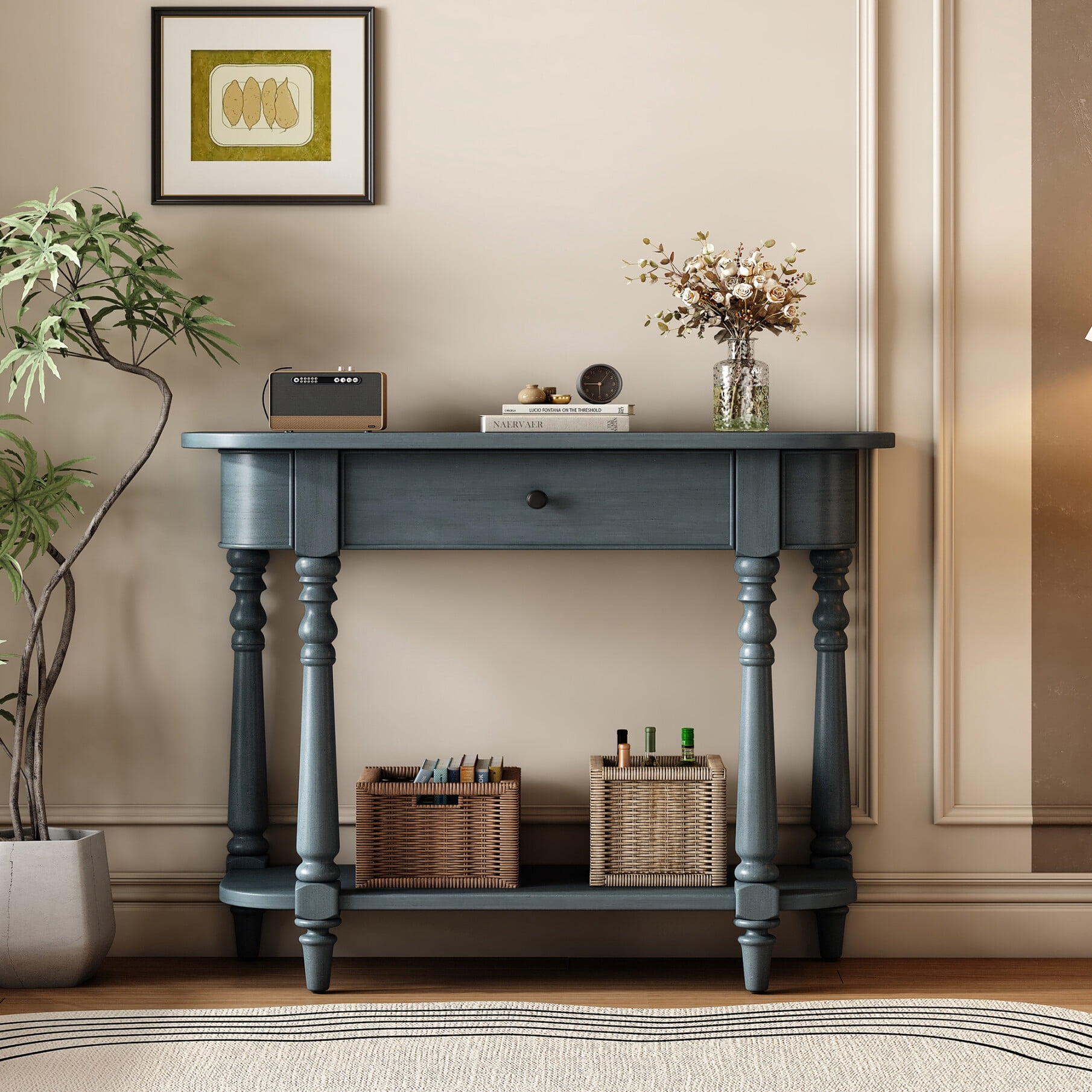 36-Inch Curved Console Table, Narrow Retro Entryway Table with Drawer ...