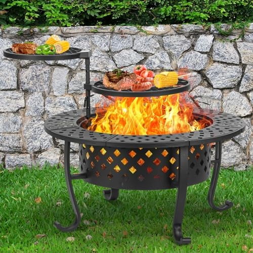 Ktaxon 30 inch Outdoor Wood Fire Pit with 360 Swivel BBQ Grill, Heat ...