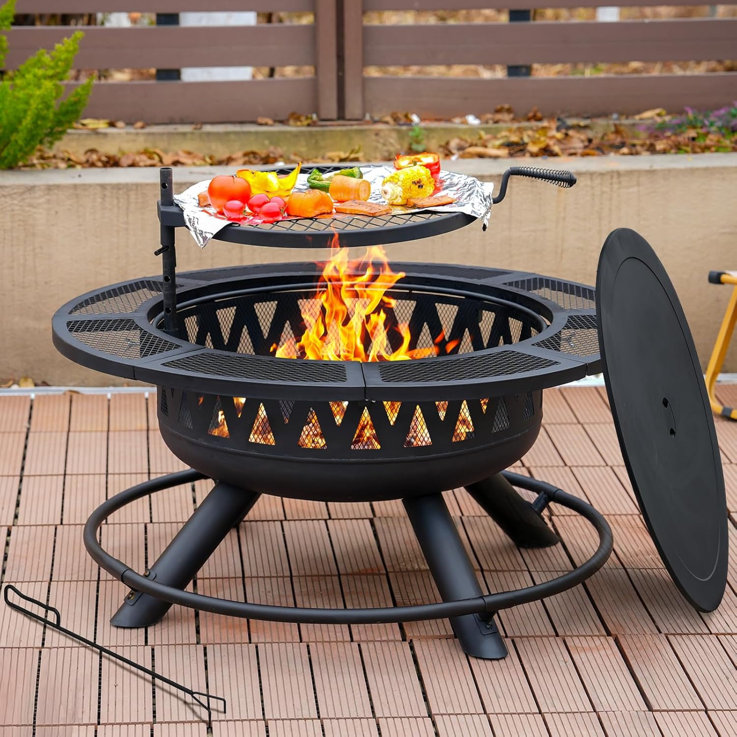 36 Inch Fire Pit with Grill & Lid, Outdoor Metal Wood Burning Fire Pit ...