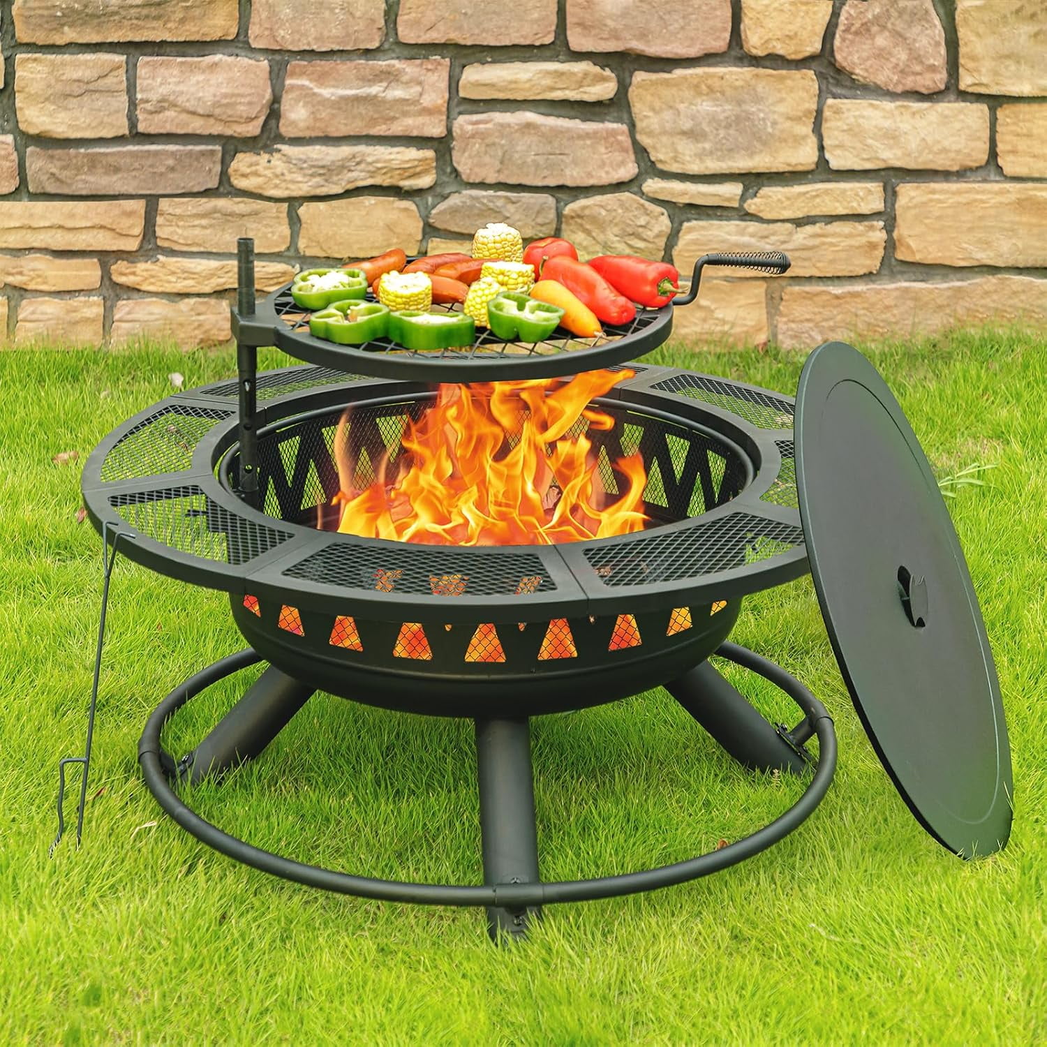 36 Inch Fire Pit with Grill & Lid, Outdoor Metal Wood Burning Fire Pit ...
