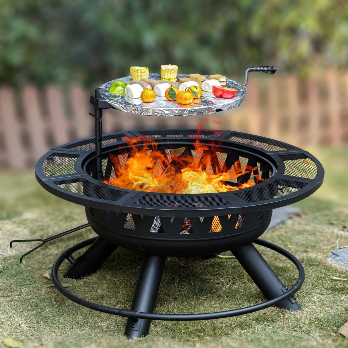 36 Inch Fire Pit with Grill & Lid, Outdoor Metal Wood Burning Fire Pit ...