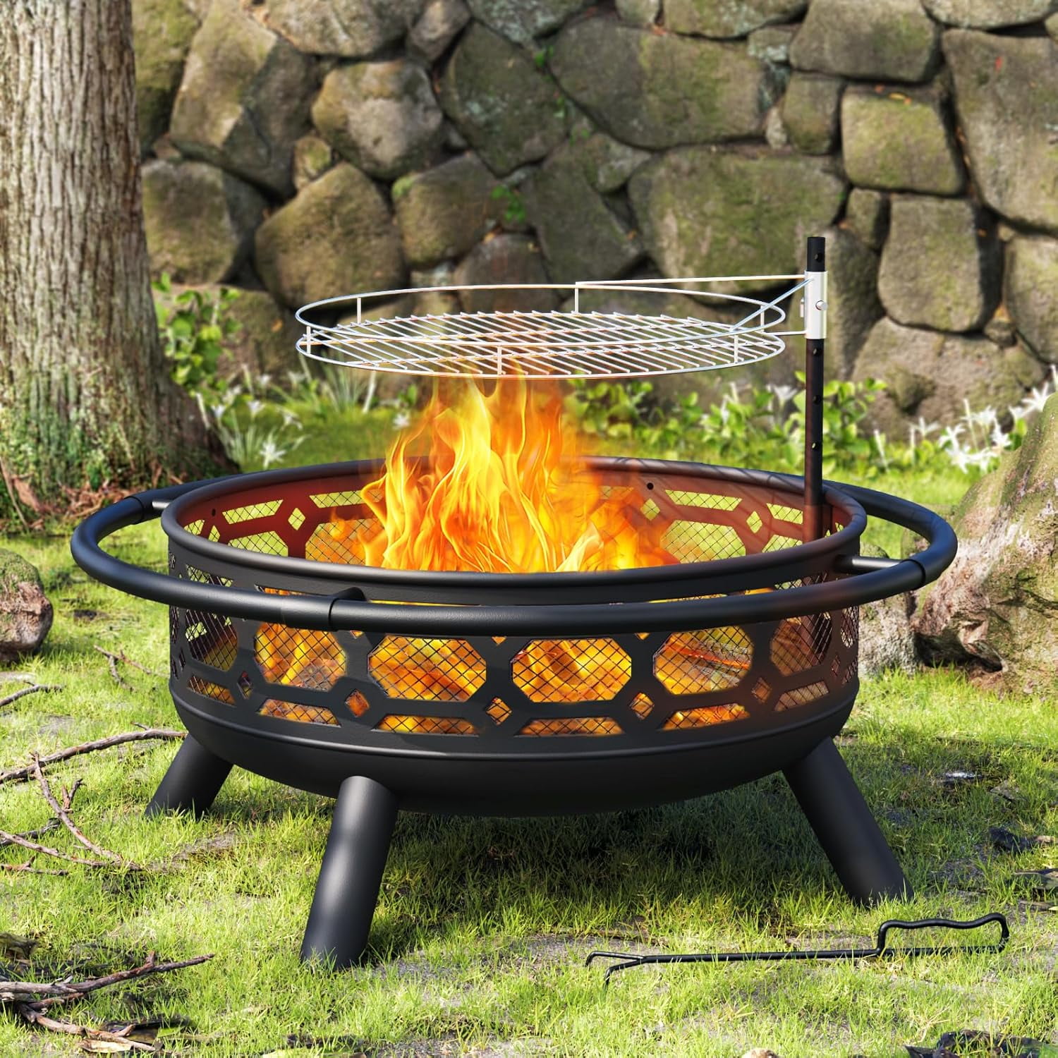36 Inch Fire Pit, Outdoor Wood Burning Firepit with Removable Grill ...