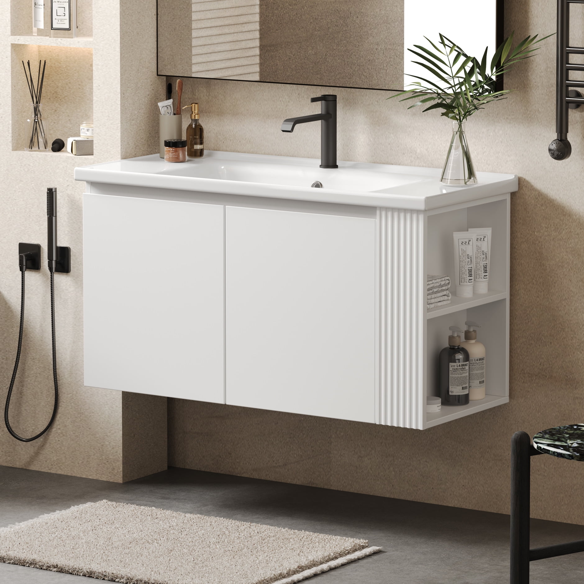 36-Inch Floating Bathroom Vanity with Ceramic Sink, Wall-Mounted Modern ...