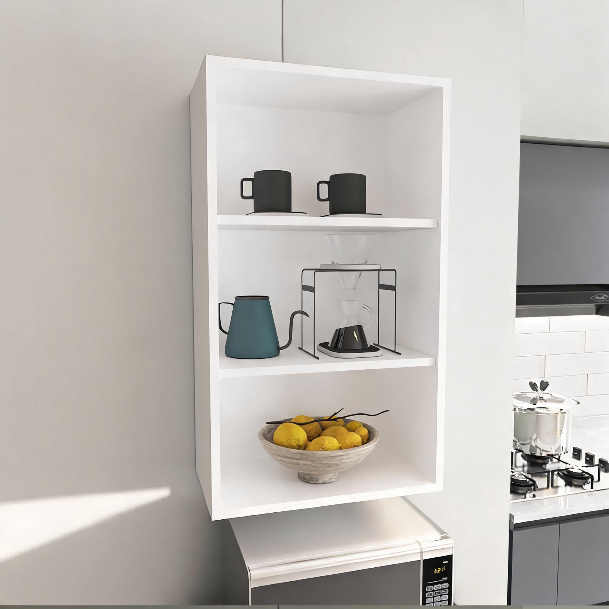 36 Inch High 3-Tier Open Wall Cabinet, Crisp White Particle Board Multi ...