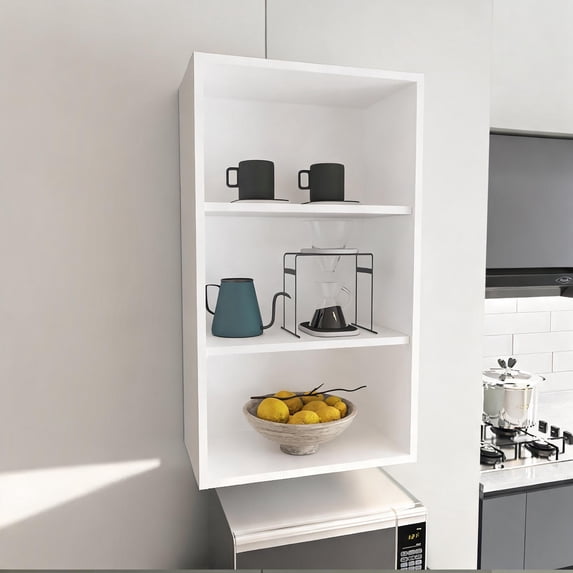 36 Inch High 3-Tier Open Wall Cabinet, Crisp White Particle Board Multi ...