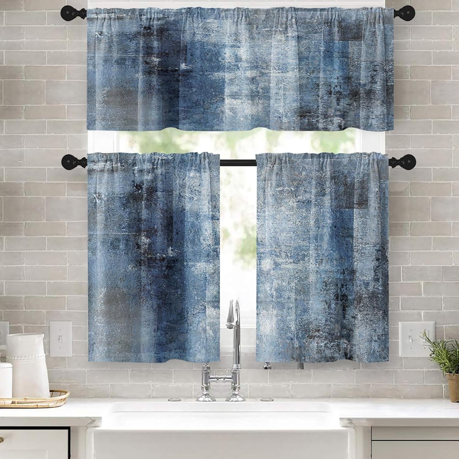 36 Inch Kitchen Curtains Blue and Grey Abstract Art Window Curtains and ...
