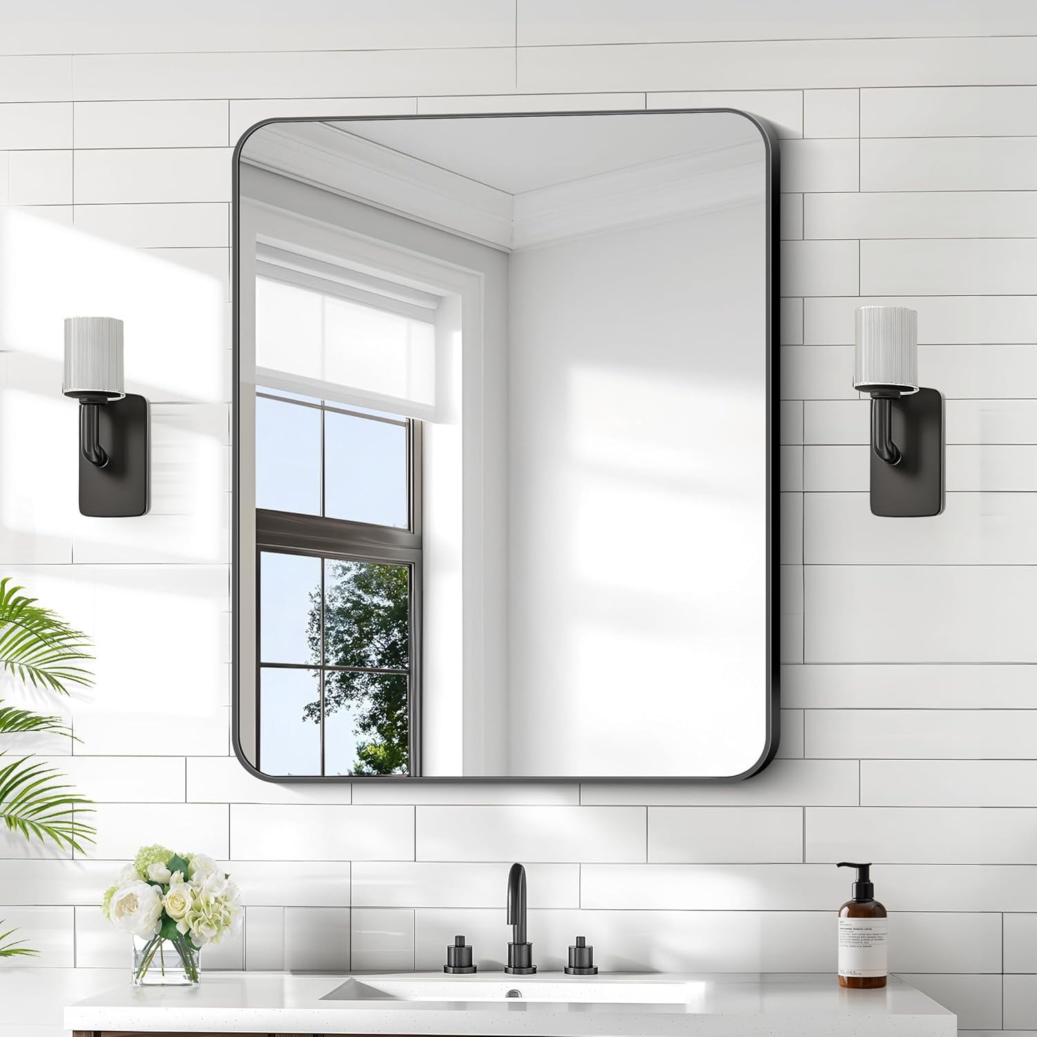 36 Inch L x 30 Inch W Rectangle Bathroom Mirror with Black Metal Frame ...