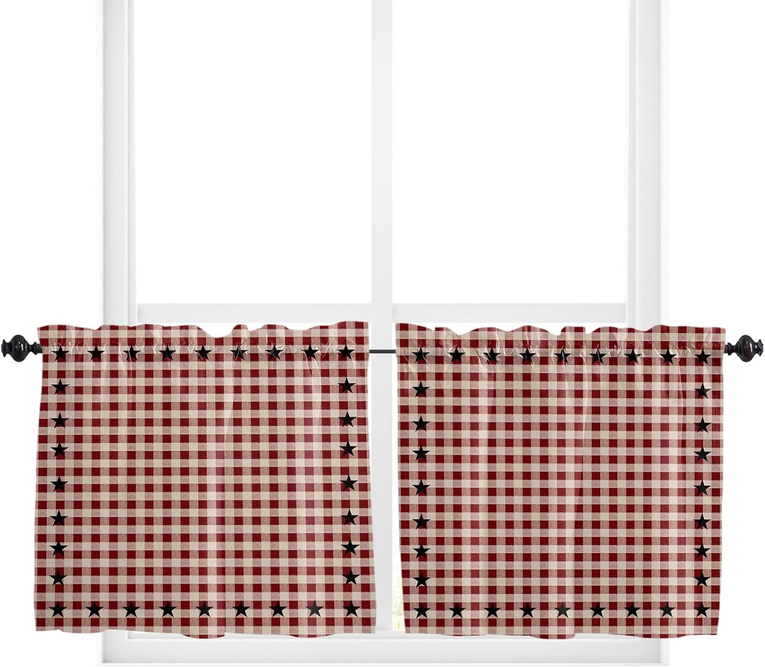 36 Inch Long Tier Curtains for Kitchen, Country Star Berry Red Buffalo ...