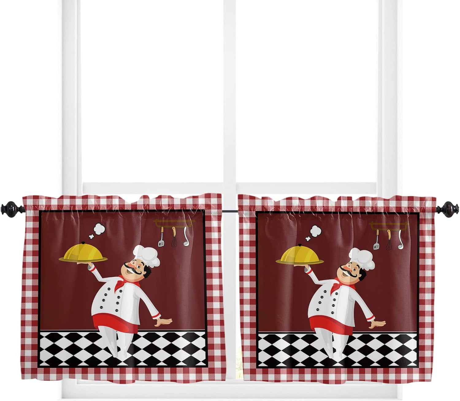 36 Inch Long Tier Curtains for Kitchen, Kitchen Chef Food Cartoon ...