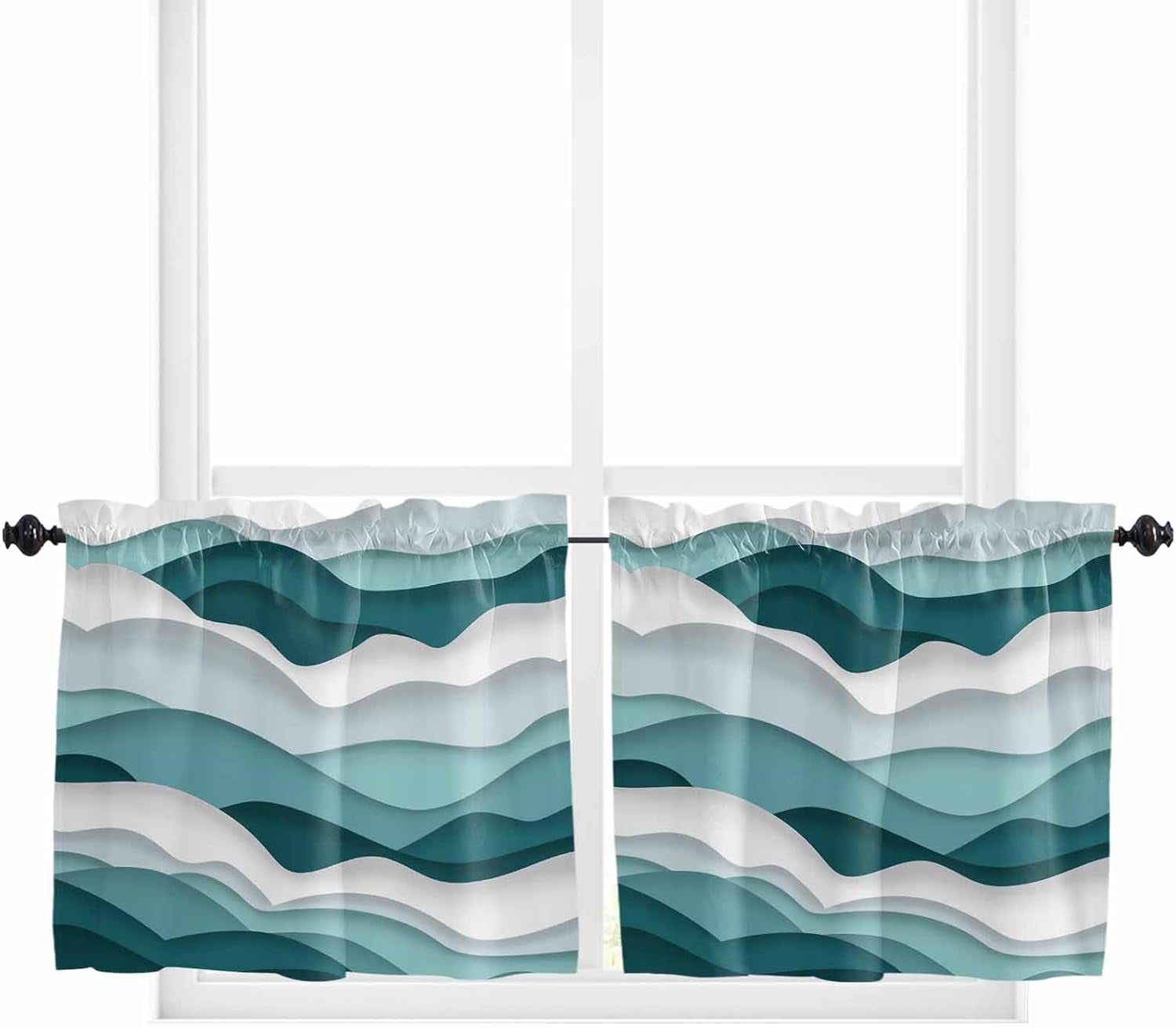 36 Inch Long Tier Curtains for Kitchen, Turquoise Ombre Abstract Geometric Ocean Wave Stripe ...