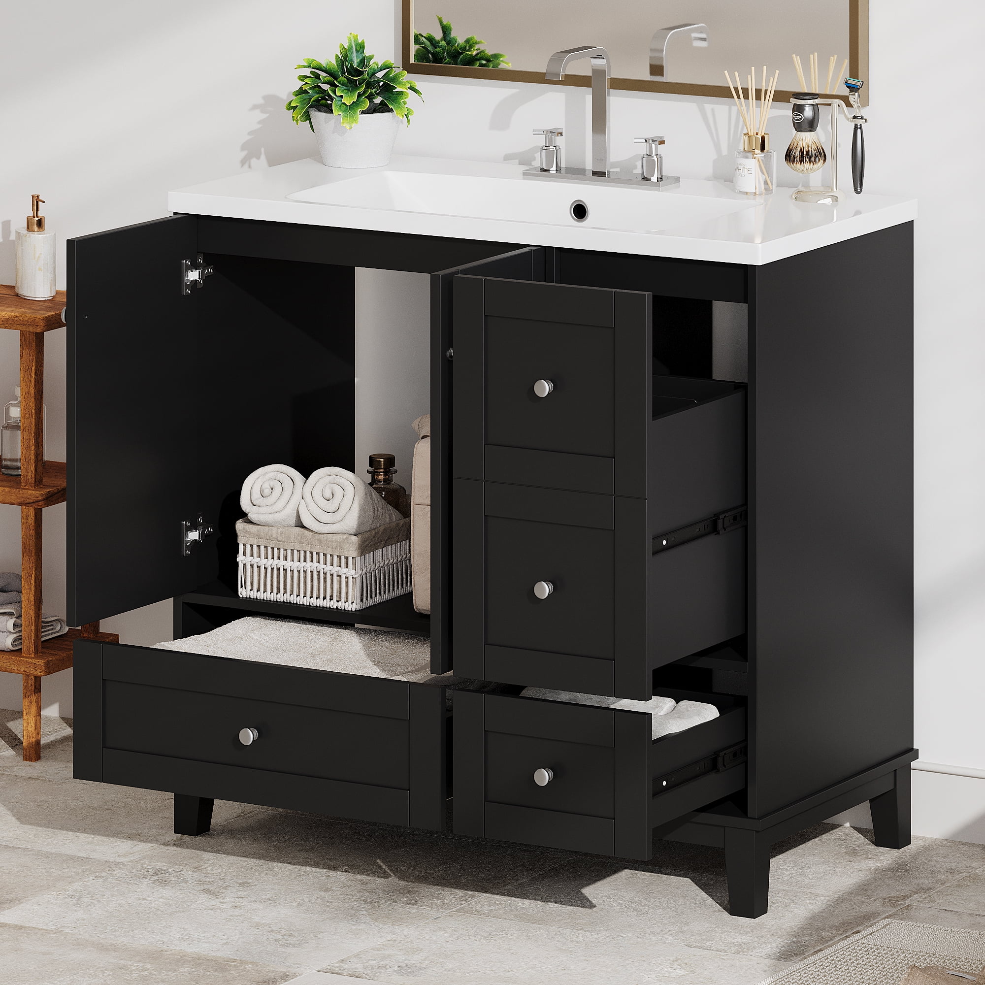 36 Inch Modern Bathroom Vanity with Usb Charging, Two Doors and Three ...